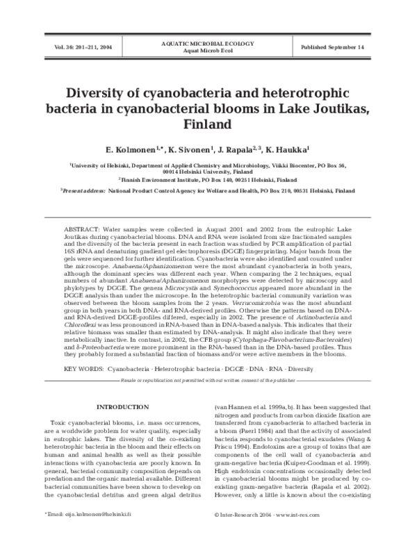 (PDF) Diversity of cyanobacteria and heterotrophic bacteria in cyanobacterial blooms in Lake ...