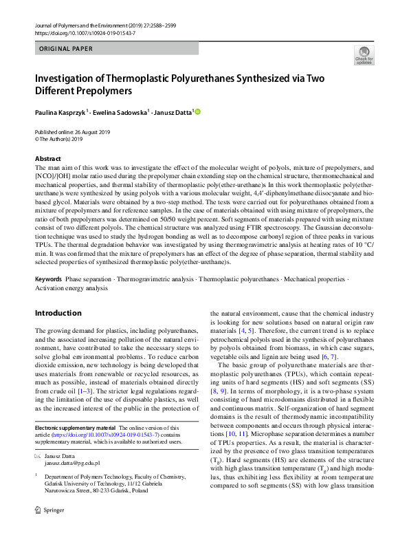 (PDF) Investigation of Thermoplastic Polyurethanes Synthesized via Two Different Prepolymers