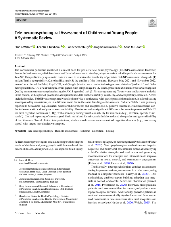 (PDF) Tele-neuropsychological Assessment of Children and Young People ...