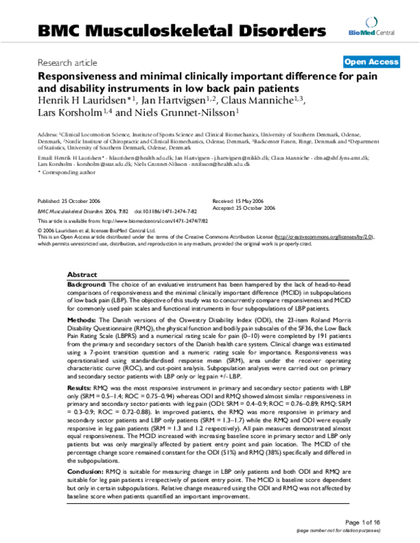 (PDF) Responsiveness and minimal clinically important difference for pain and disability ...