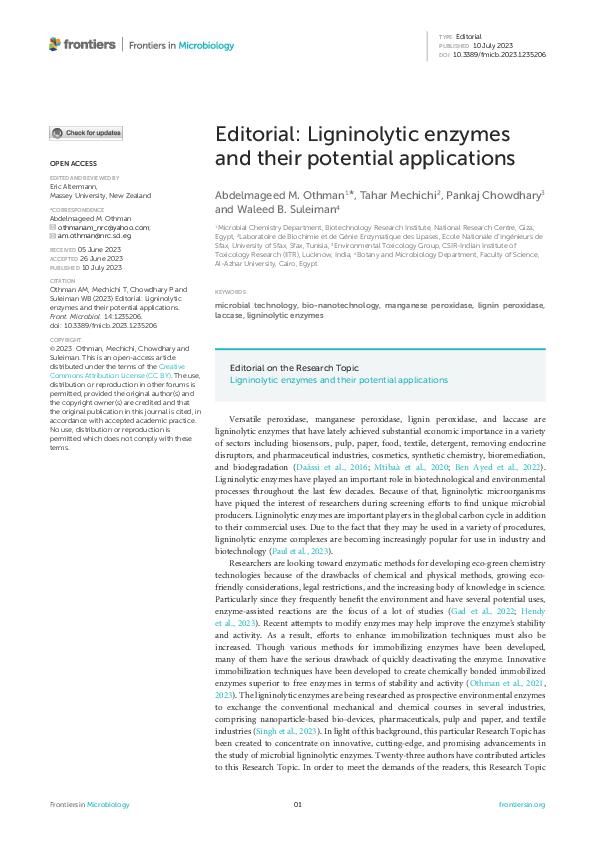 (PDF) Editorial: Ligninolytic enzymes and their potential applications