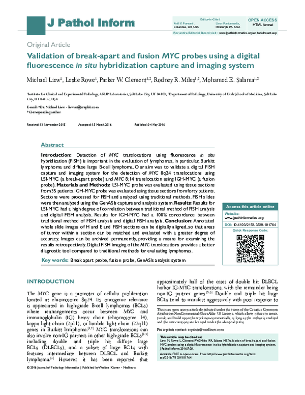 (PDF) Validation of break-apart and fusion MYC probes using a digital ...