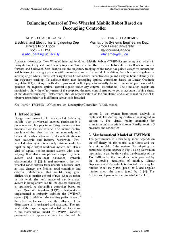 Pdf Balancing Control Of Two Wheeled Mobile Robot Based On Decoupling Controller