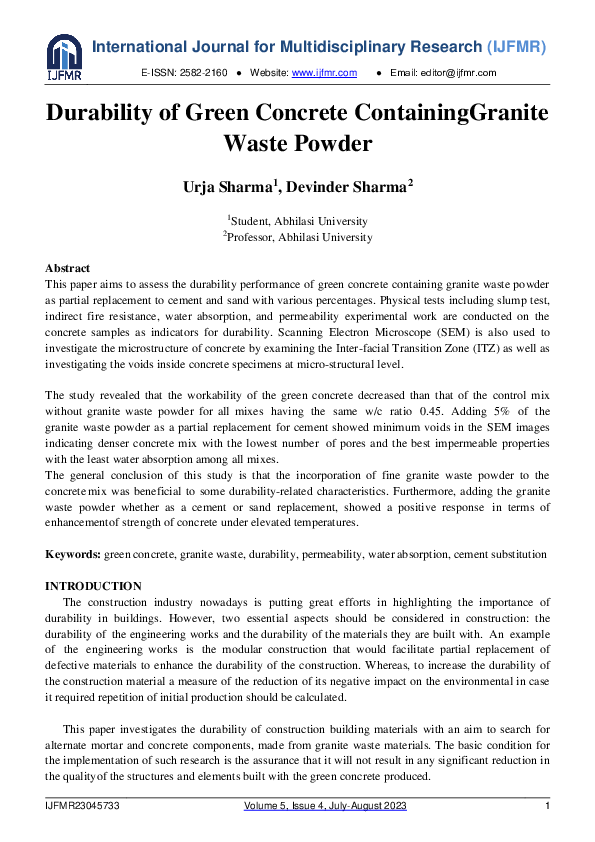 (PDF) Durability of Green Concrete Containing Granite Waste Powder