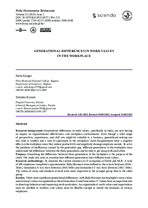 (PDF) Generational Differences In Work Values In The Workplace