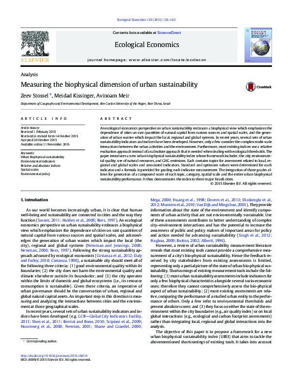 (PDF) Measuring the biophysical dimension of urban sustainability
