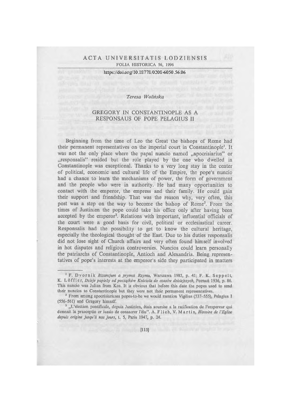 (PDF) Gregory in Constantinople as a Responsaus of Pope Pelagius II