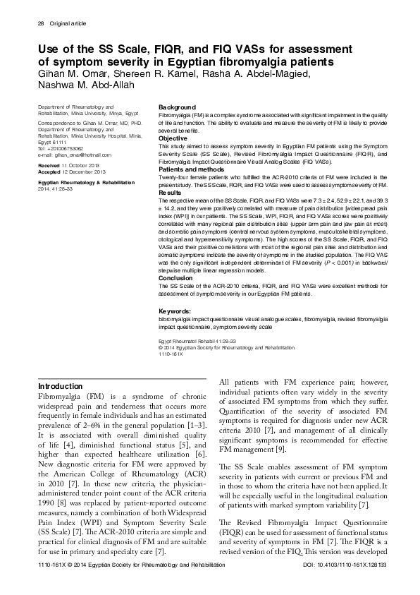 (PDF) Use of the SS Scale, FIQR, and FIQ VASs for assessment of symptom ...