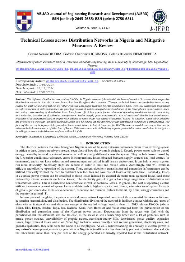 (PDF) Technical Losses across Distribution Networks in Nigeria and Mitigative Measures: A Review