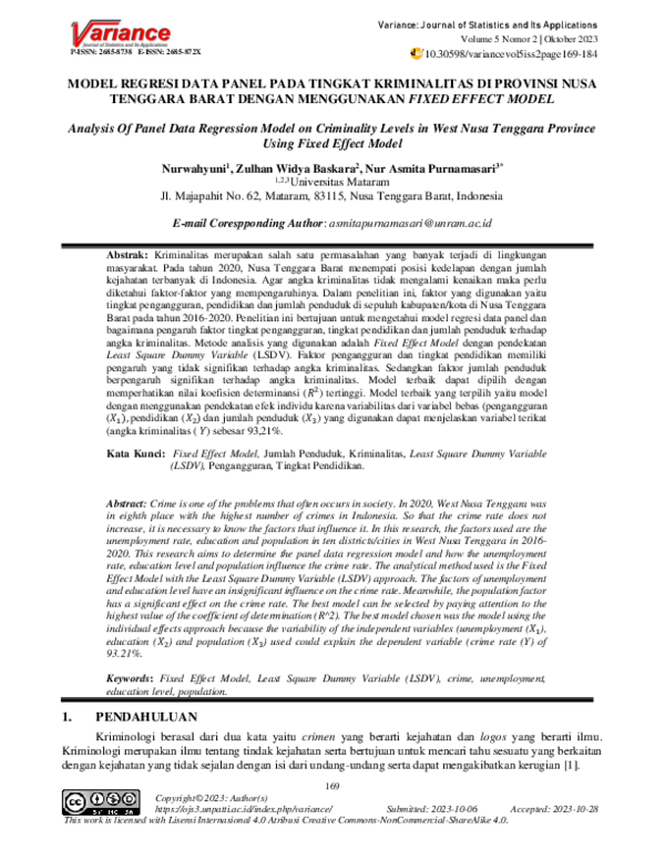 (PDF) Model Regresi Data Panel Pada Tingkat Kriminalitas DI Provinsi Nusa Tenggara Barat Dengan ...