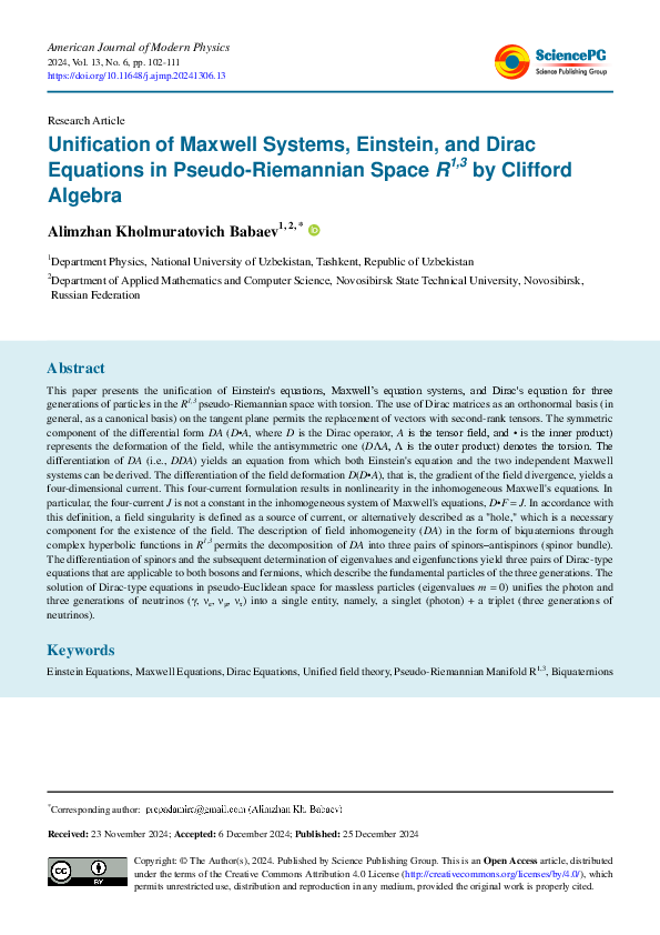 (PDF) Unification of Maxwell Systems, Einstein, and Dirac Equations in ...