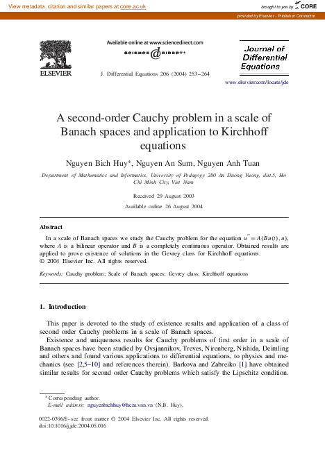 Pdf A Second Order Cauchy Problem In A Scale Of Banach Spaces And Application To Kirchhoff