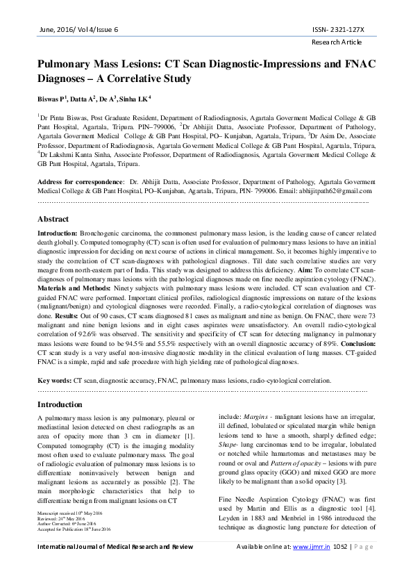 (PDF) Pulmonary Mass Lesions: CT Scan Diagnostic-Impressions and FNAC ...