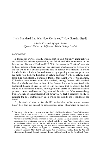 (PDF) Irish Standard English: How Celticised? How Standardised?