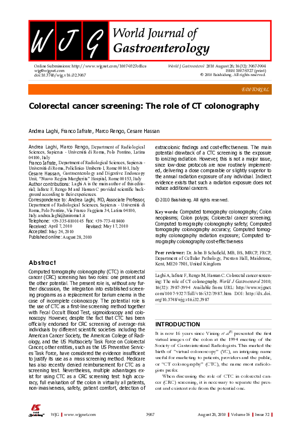 (PDF) Colorectal cancer screening: The role of CT colonography
