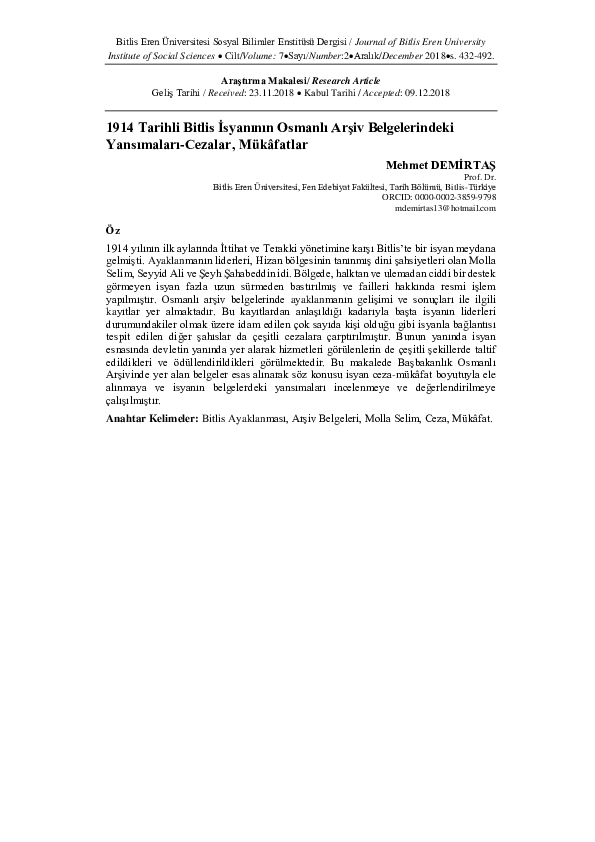 (PDF) 1914 Tarihli Bitlis İsyanının Osmanlı Arşiv Belgelerindeki Yansımaları-Cezalar, Mükâfatlar
