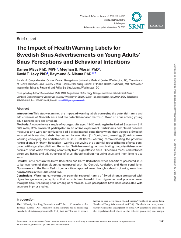 (PDF) The Impact of Health Warning Labels for Swedish Snus Advertisements on Young Adults’ Snus ...