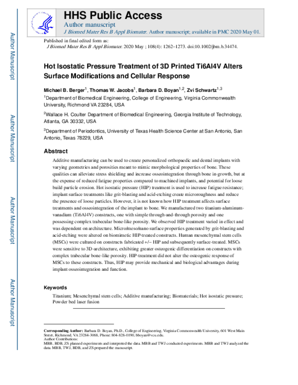 (PDF) Hot isostatic pressure treatment of 3D printed Ti6Al4V alters ...