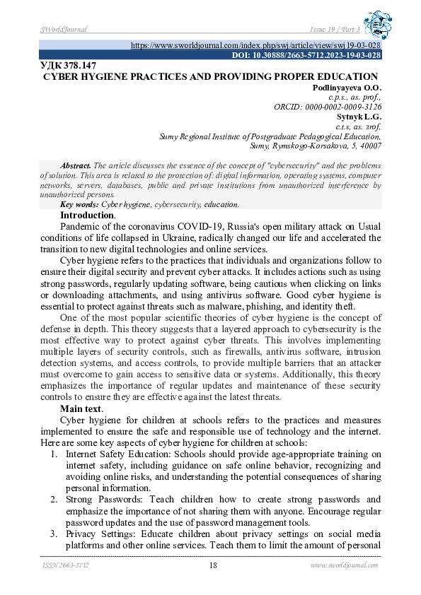 (PDF) Cyber Hygiene Practices and Providing Proper Education