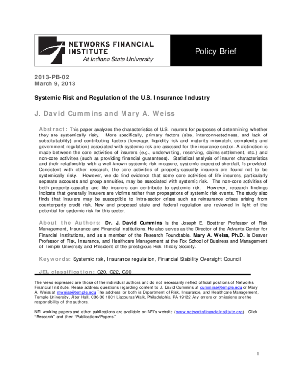 (PDF) Systemic Risk and Regulation of the U.S. Insurance Industry