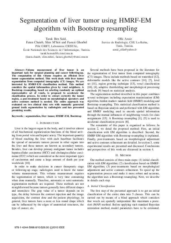 (PDF) Segmentation of liver tumor using HMRF-EM algorithm with Bootstrap resampling