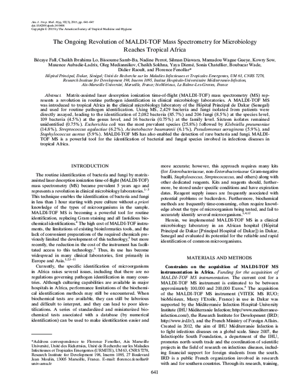(PDF) The Ongoing Revolution of MALDI-TOF Mass Spectrometry for Microbiology Reaches Tropical Africa