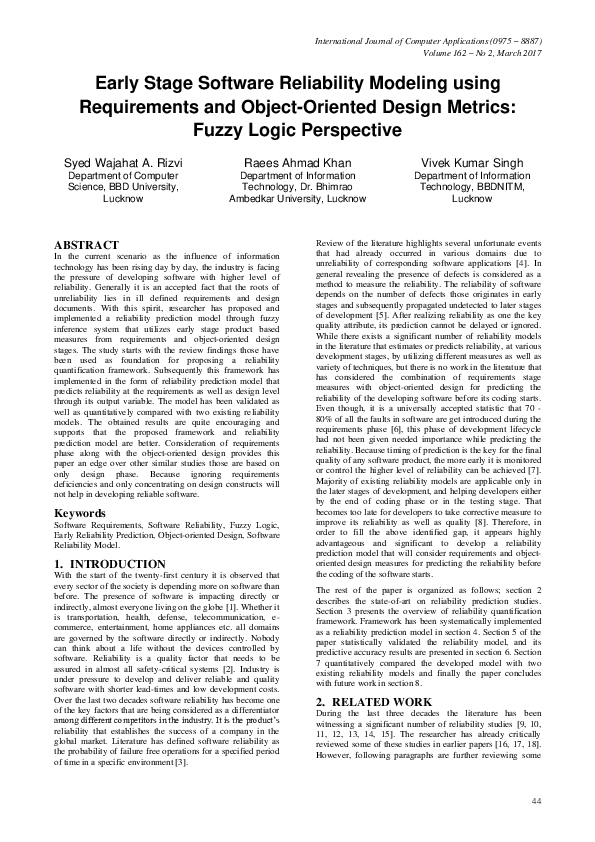 Pdf Early Stage Software Reliability Modeling Using Requirements And Object Oriented Design