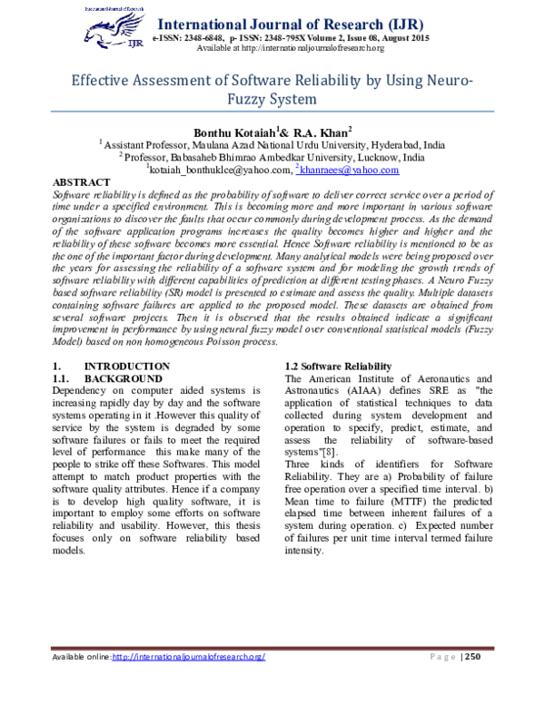 (PDF) Effective Assessment of Software Reliability by Using Neuro-Fuzzy System