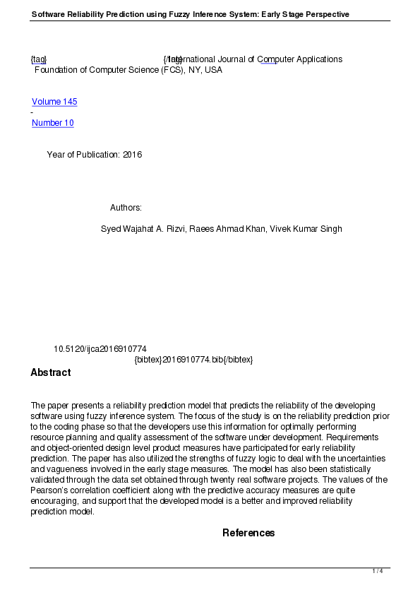 (PDF) Software Reliability Prediction using Fuzzy Inference System ...