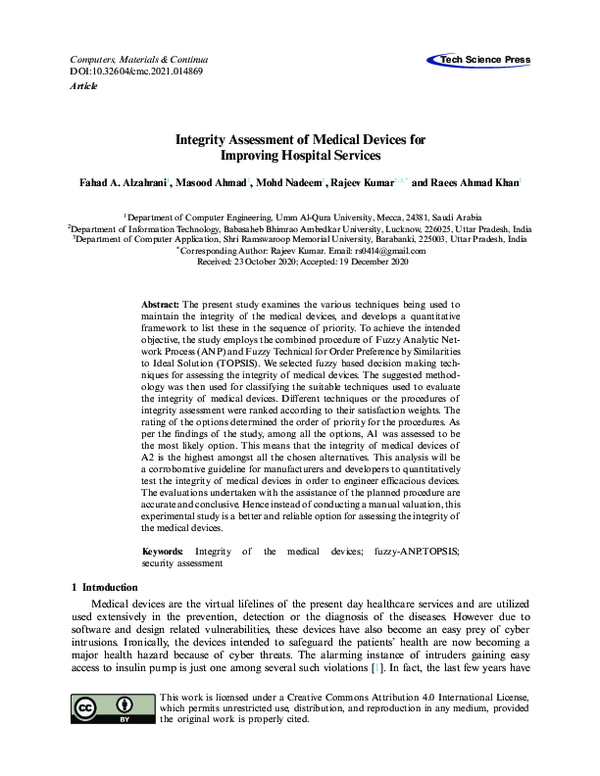 (PDF) Integrity Assessment of Medical Devices for Improving Hospital ...