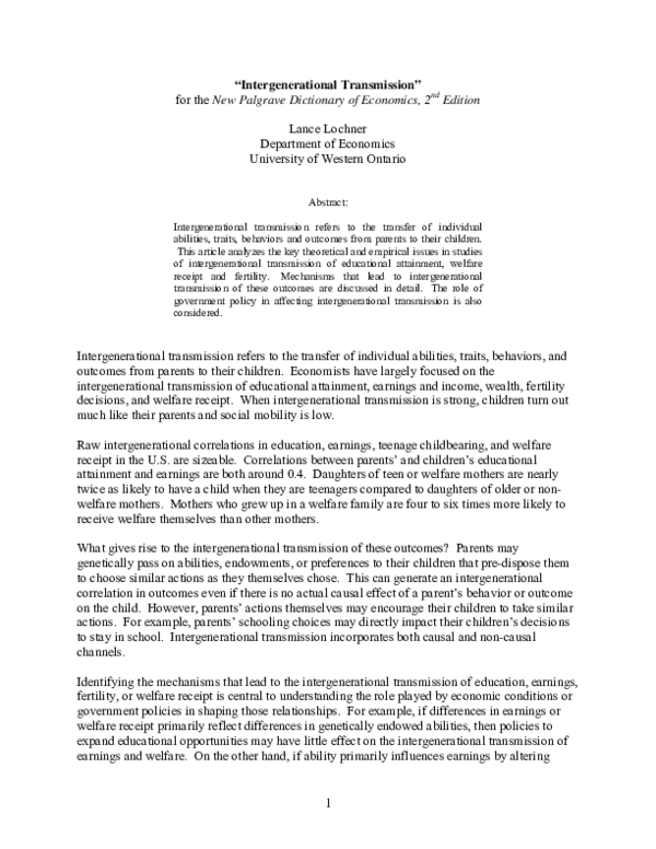 (PDF) Intergenerational Transmission,” in The New Palgrave Dictionary of Economics