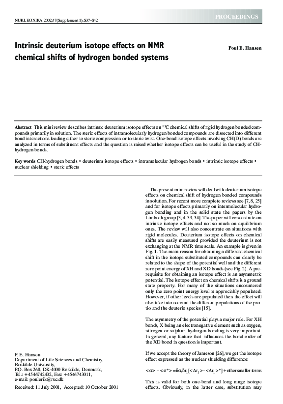 (PDF) Intrinsic deuterium isotope effects on NMR chemical shifts of hydrogen bonded systems