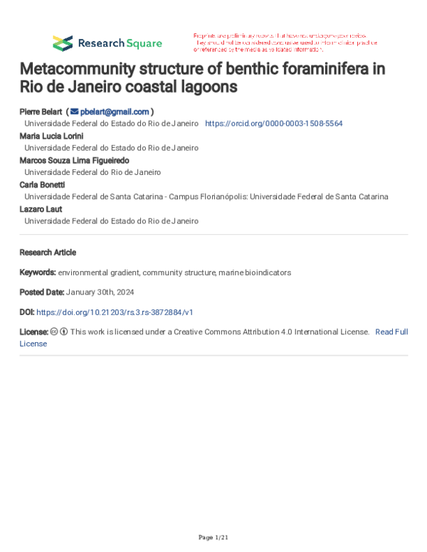(PDF) Metacommunity structure of benthic foraminifera in Rio de Janeiro coastal lagoons