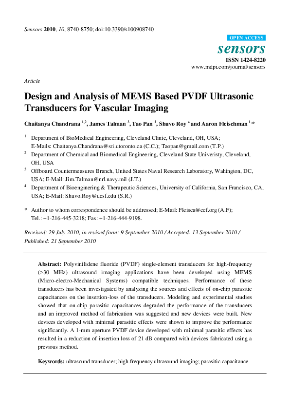 (PDF) Design and Analysis of MEMS Based PVDF Ultrasonic Transducers for Vascular Imaging