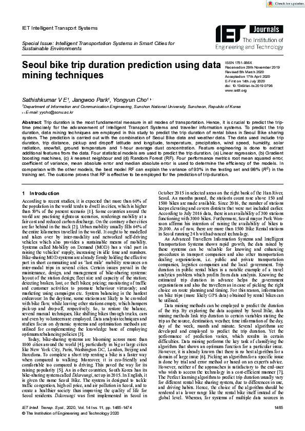(PDF) Seoul bike trip duration prediction using data mining techniques