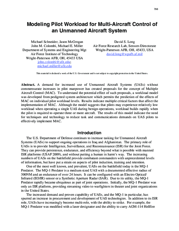(PDF) 7.1.1 Modeling Pilot Workload for Multi‐Aircraft Control of an Unmanned Aircraft System