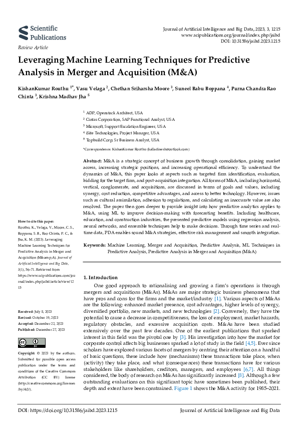 (PDF) Leveraging Machine Learning Techniques for Predictive Analysis in Merger and Acquisition (M&A