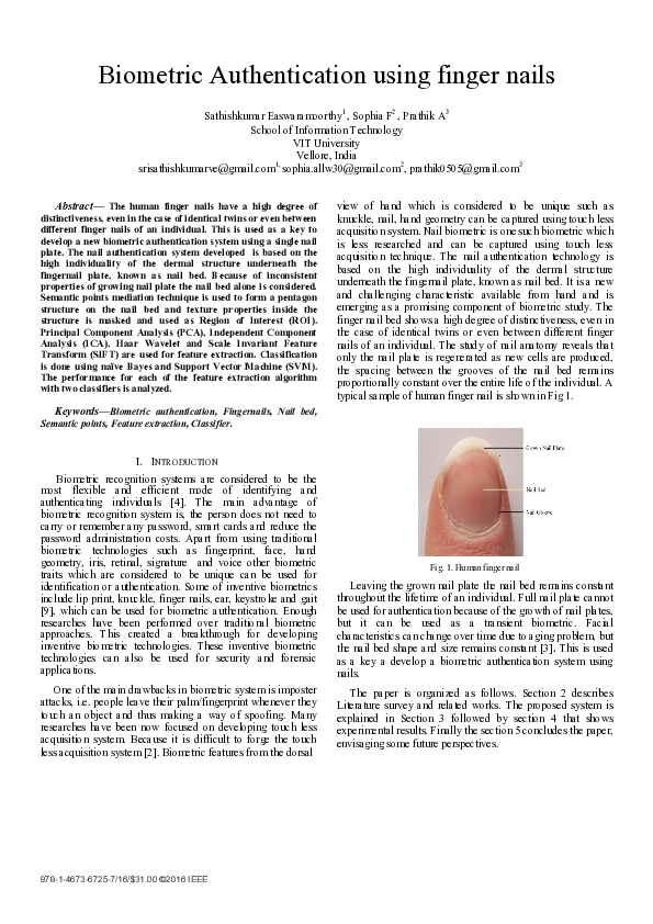 (PDF) Biometric Authentication using finger nails