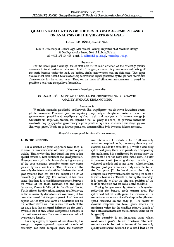 (PDF) Quality Evaluation Of The Bevel Gear Assembly Based On Analysis Of The Vibration Signal