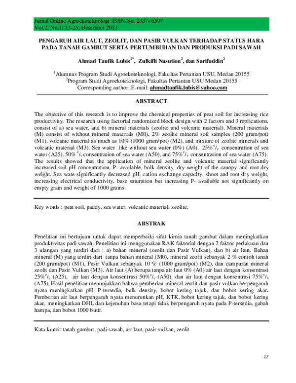 (PDF) Pengaruh Air Laut, Zeolit, Dan Pasir Vulkan Terhadap Status Hara Pada Tanah Gambut Serta ...