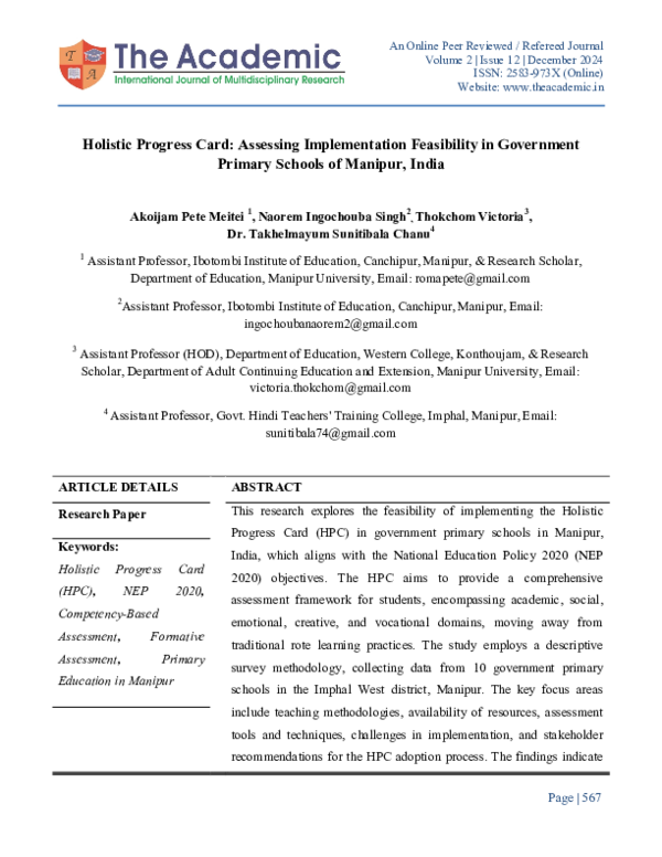 (PDF) Holistic Progress Card: Assessing Implementation Feasibility in Government Primary Schools ...