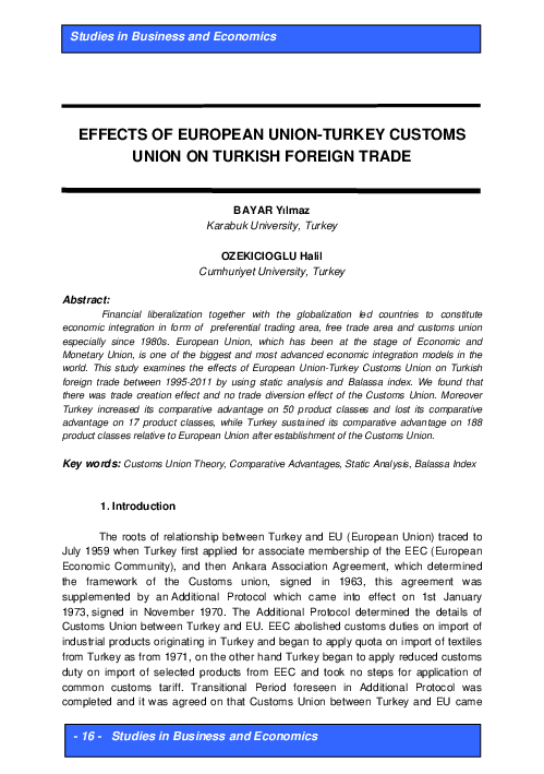 (PDF) Effects of European Union-Turkey Customs Union on Turkish Foreign ...