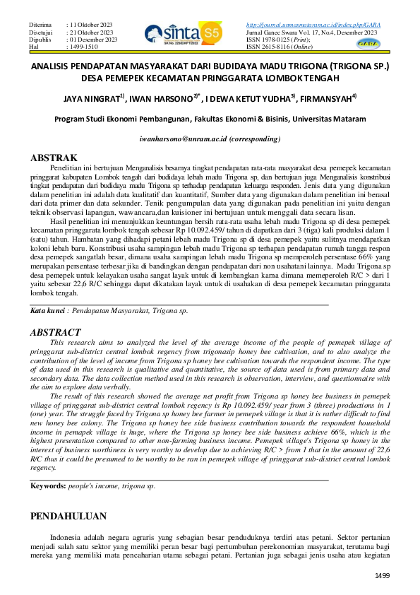 (PDF) Analisis Pendapatan Masyarakat Dari Budidaya Madu Trigona (Trigona SP.) Desa Pemepek ...