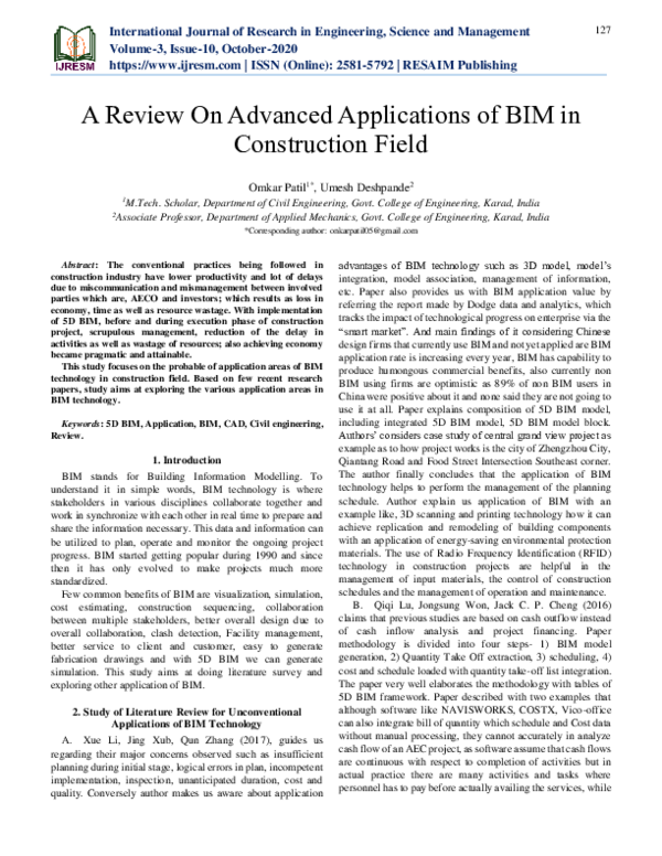 (PDF) A Review On Advanced Applications of BIM in Construction Field