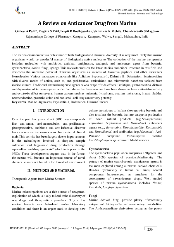 (PDF) IJSRST1622111 | A Review on Anticancer Drug from Marine