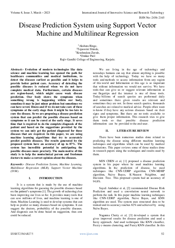 (PDF) Disease Prediction System using Support Vector Machine and Multilinear Regression