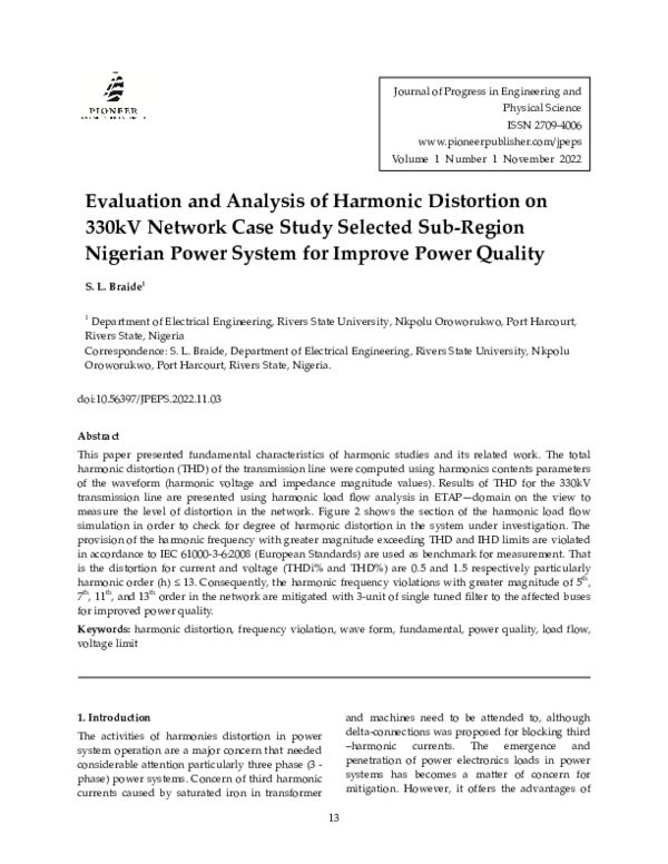 (PDF) Evaluation and Analysis of Harmonic Distortion on 330kV Network Case Study Selected Sub ...
