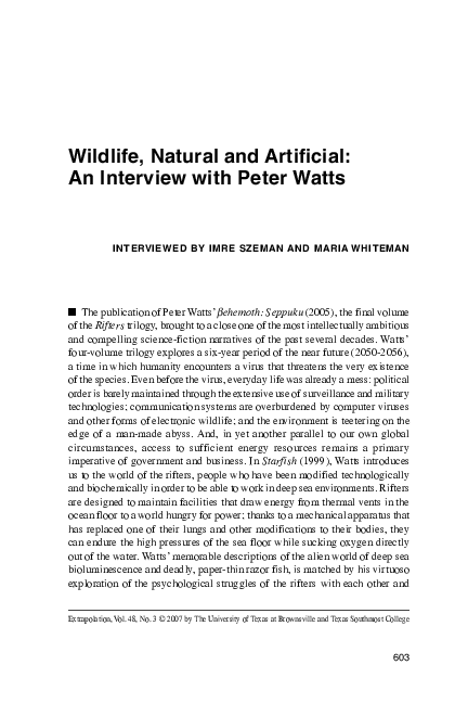 (PDF) Wildlife, Natural and Artificial: An Interview with Peter Watts
