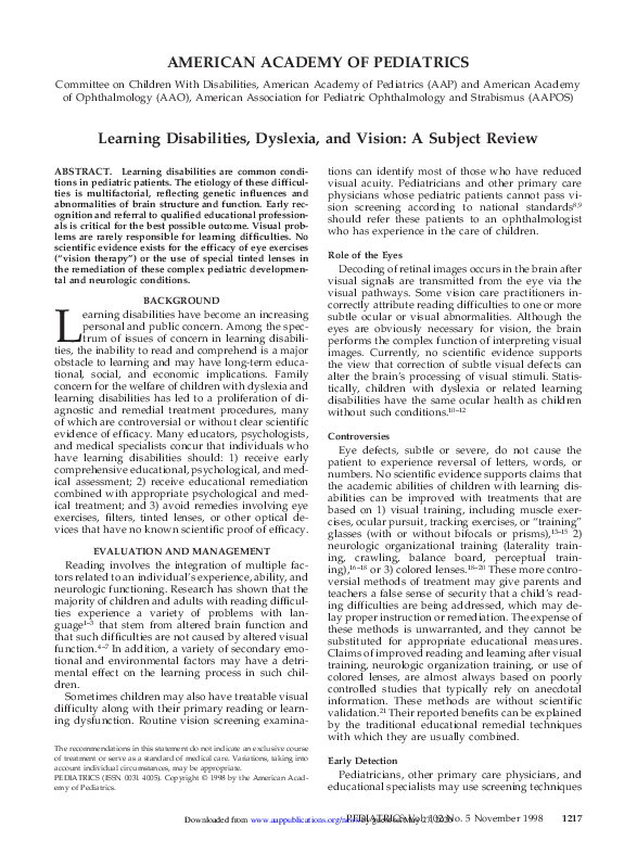(PDF) Learning Disabilities, Dyslexia, and Vision: A Subject Review