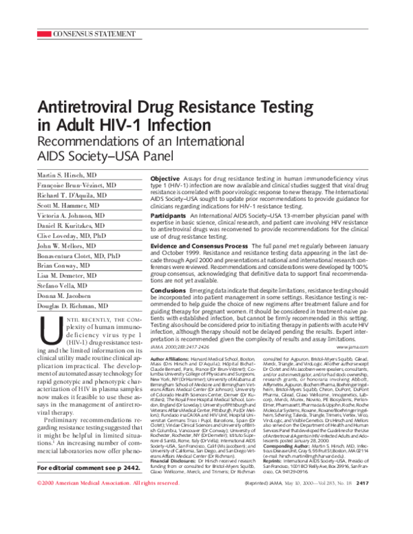 (PDF) Antiretroviral Drug Resistance Testing in Adult HIV-1 Infection